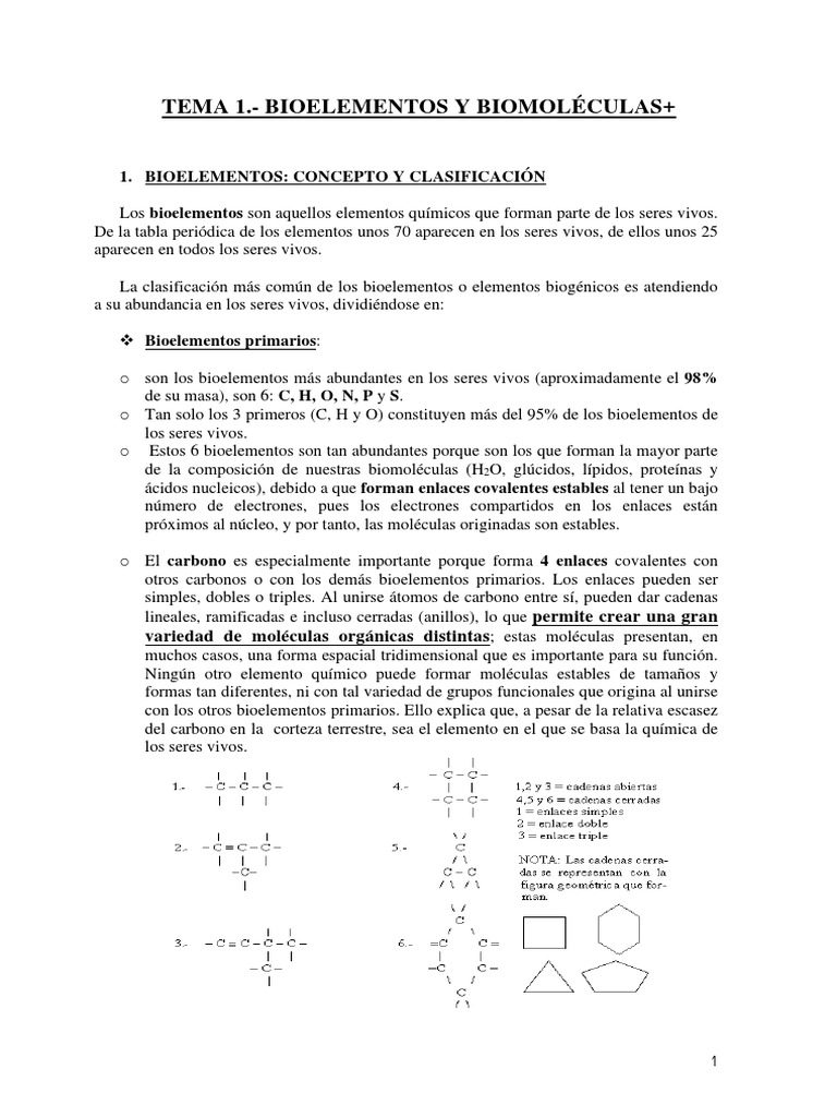 Tema 1 - Bioelementos y Biomoléculas | PDF | Solución tampón | Enlace covalente
