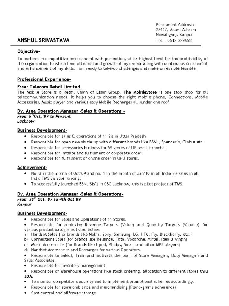 Anshul Srivastava: Objective | PDF | Retail | Mobile Phones