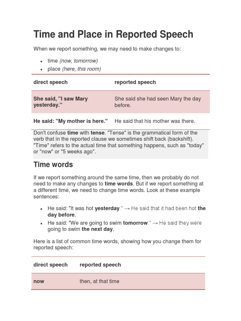 Time and Place in Reported Speech | PDF | Language Arts & Discipline
