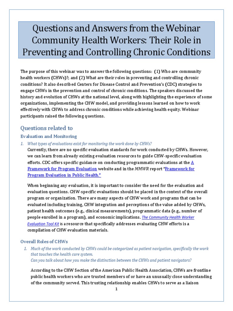 Questions and Answers From The Webinar Community Health Workers: Their ...