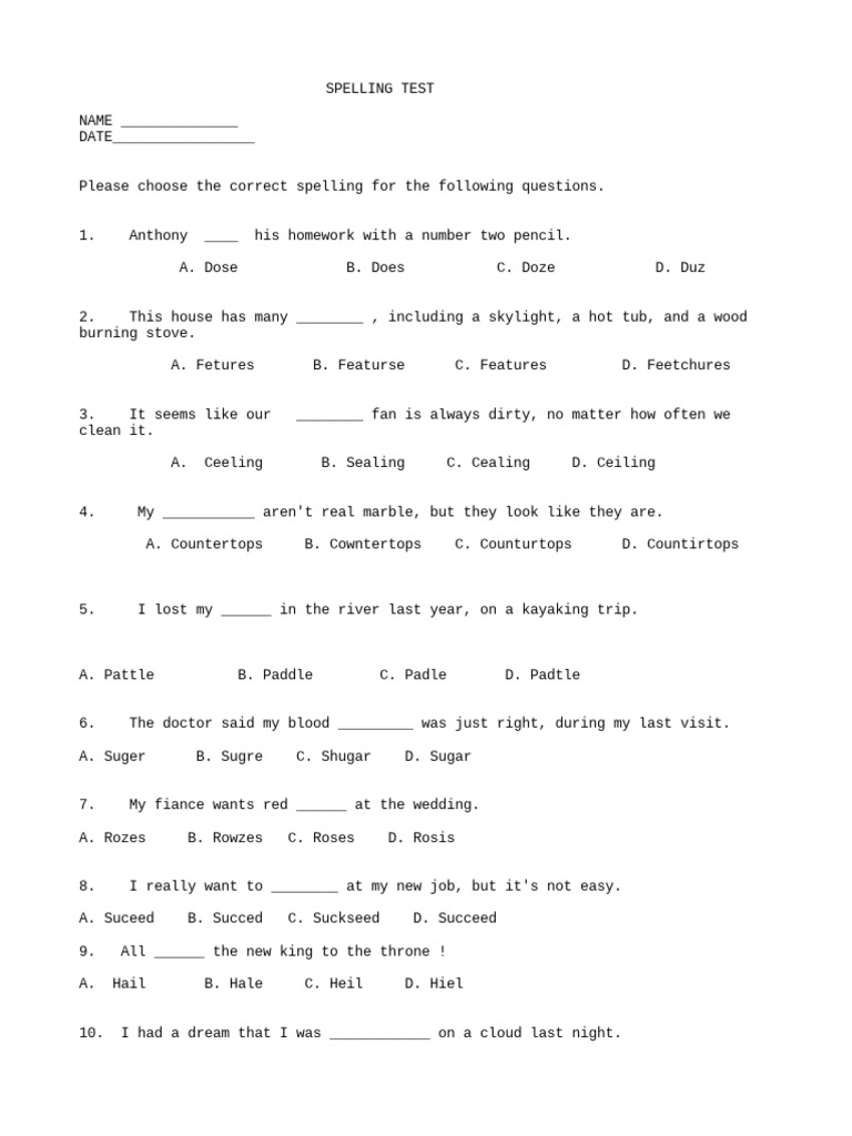 Spelling Quiz for Students | PDF
