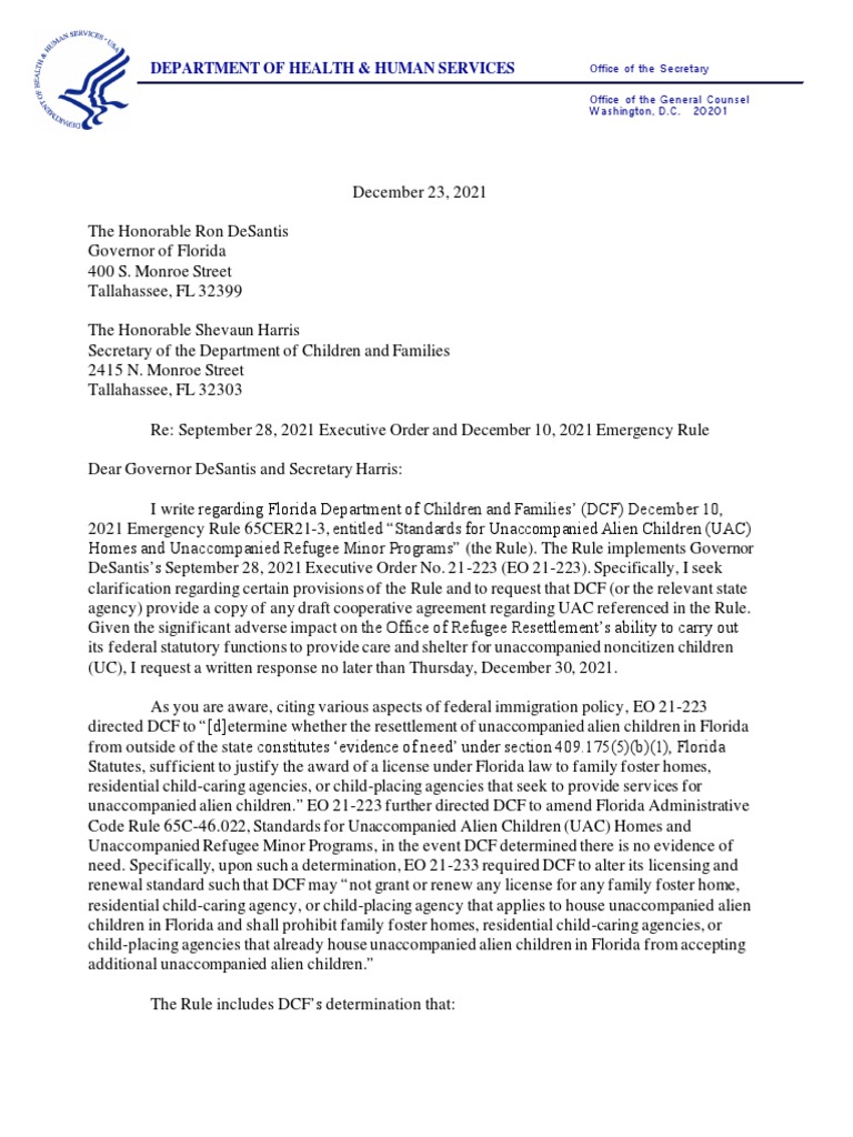 HHS Letter Re Florida Emergency Rule 12-23-2021 | PDF | United States ...