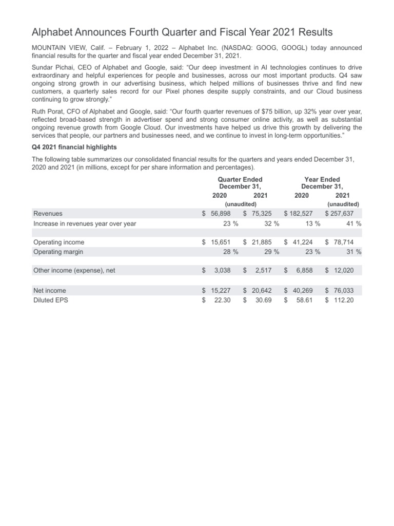 2021Q4 Alphabet Earnings Release | PDF | Stocks | Investing