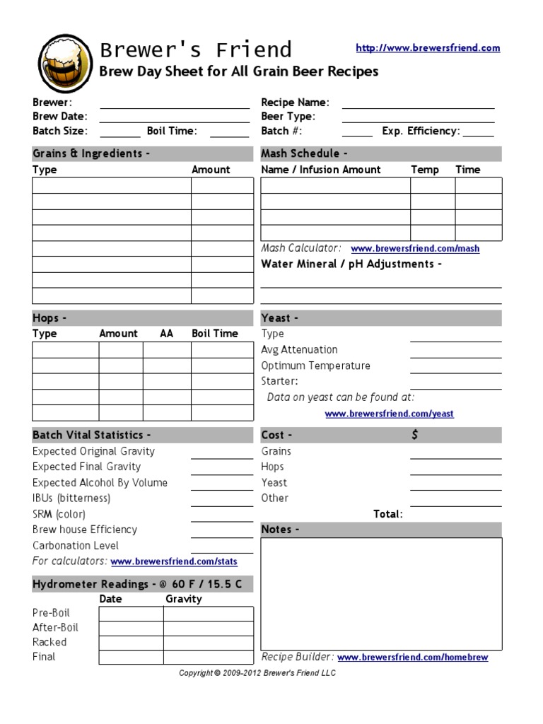 Brewer's Friend: Brew Day Sheet For All Grain Beer Recipes | PDF