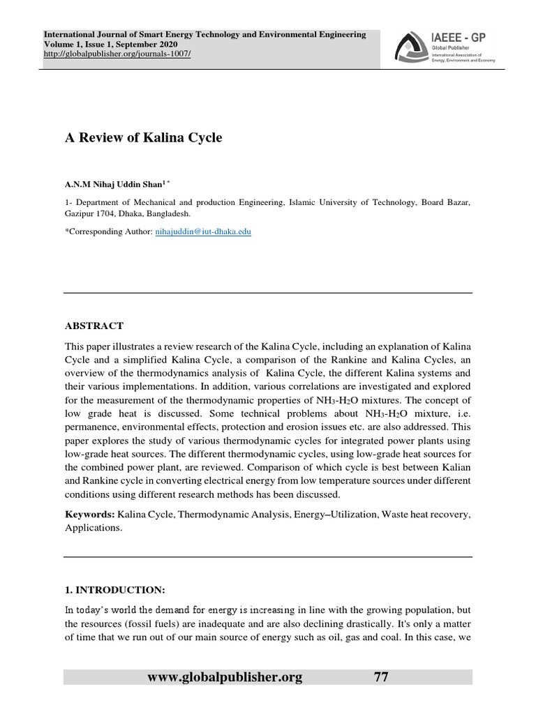 A Review of Kalina Cycle | PDF | Steam | Heat