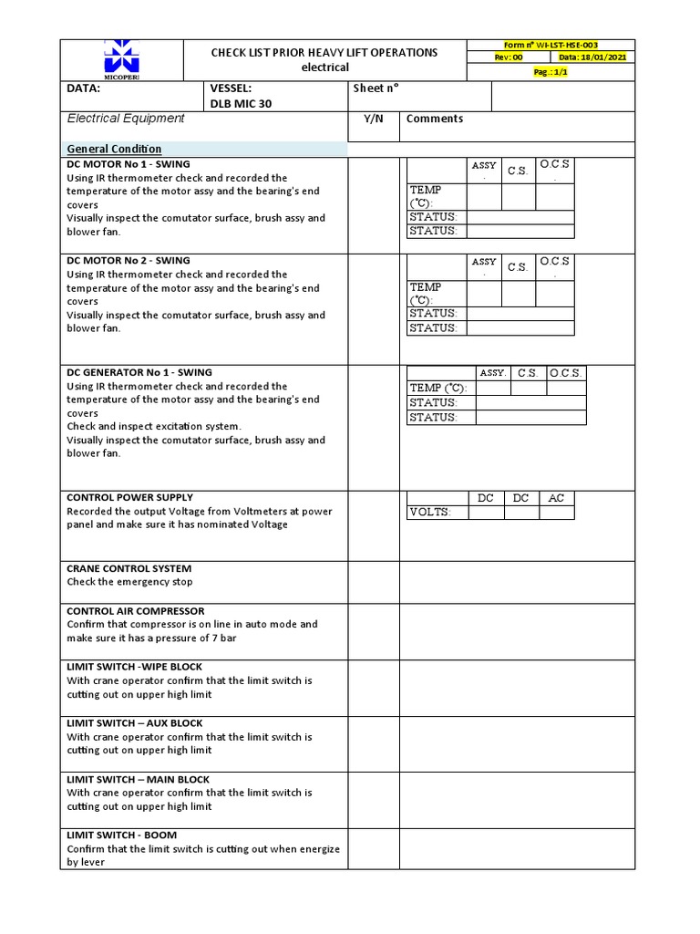 WI-LST-HSE-003-01 CLYDE CRANE - CHECK LIST PRIOR HEAVY LIFT OPERATIONS ...