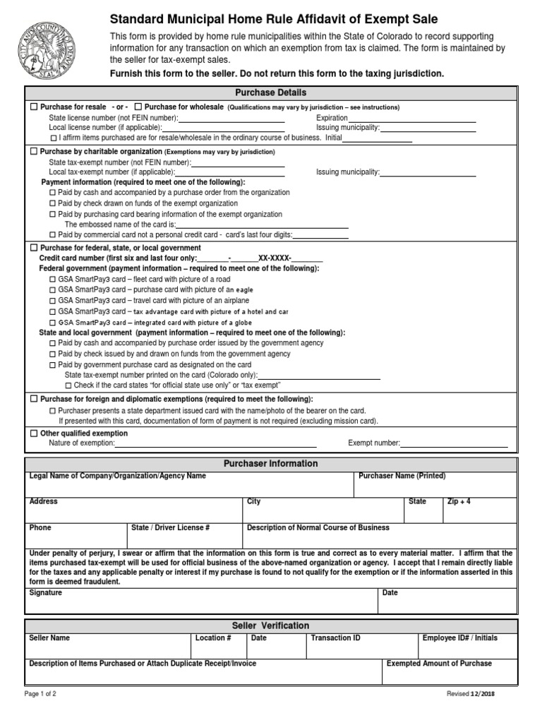 Colorado Affidavit of Exempt Sale Form | PDF | Tax Exemption | Credit Card