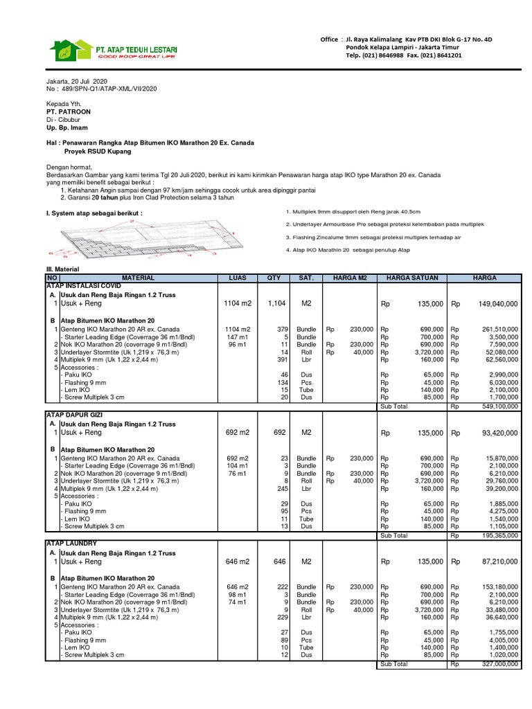 Penawaran Harga Usuk + Reng Dan Atap IKO Marathon 20 - Proyek RSUD Kupang - PT Patroon | PDF