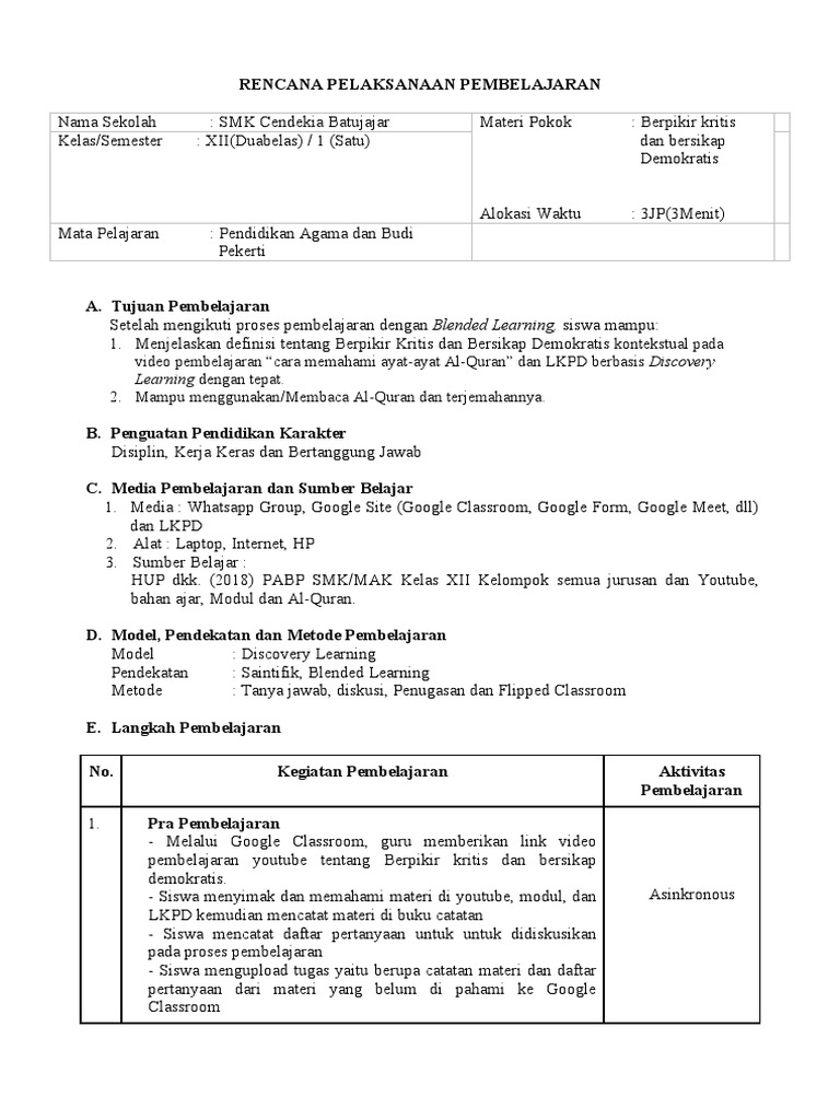 Contoh RPP Blended Learning Dengan Metode Flipped Classroom | PDF