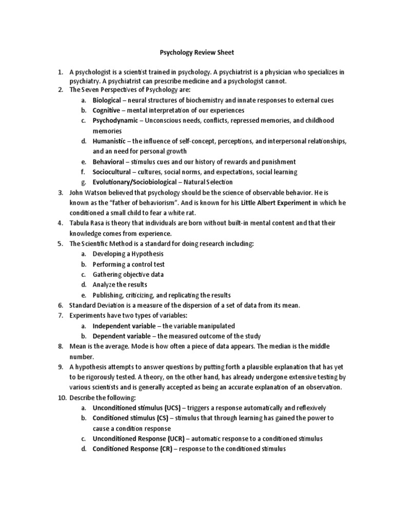 Psychology Review Sheet | PDF | Psychology | Recall (Memory)