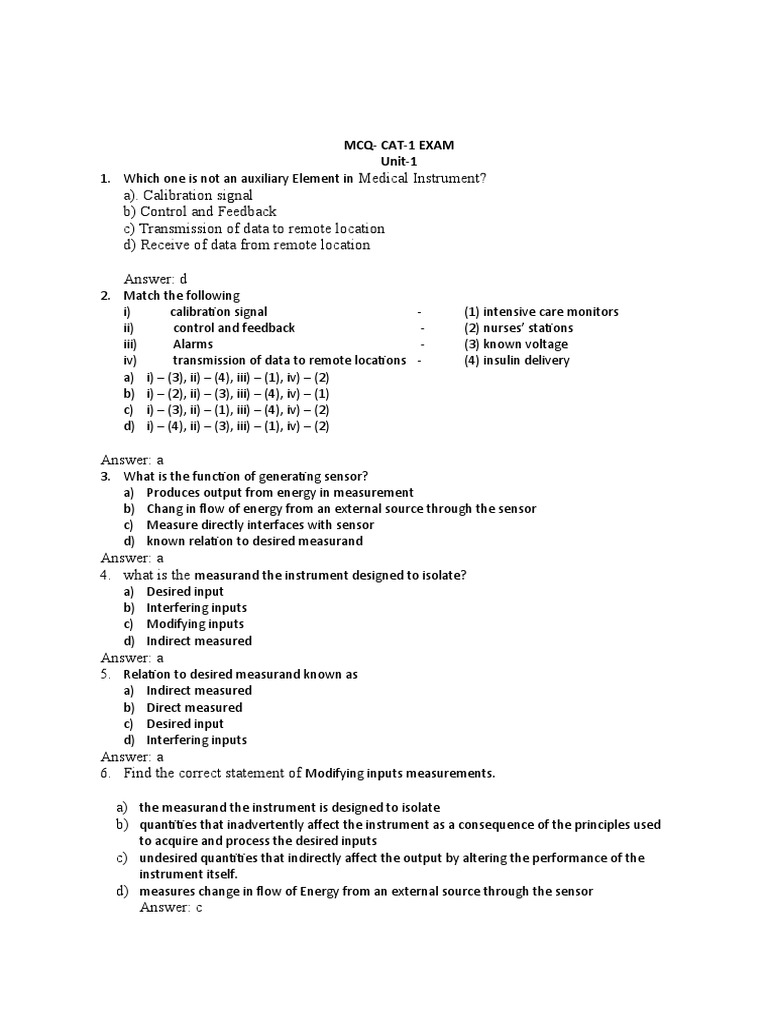 MCQ-CAT-1 EXAM UNIT-1 REVIEW | PDF | Electrocardiography | Amplifier