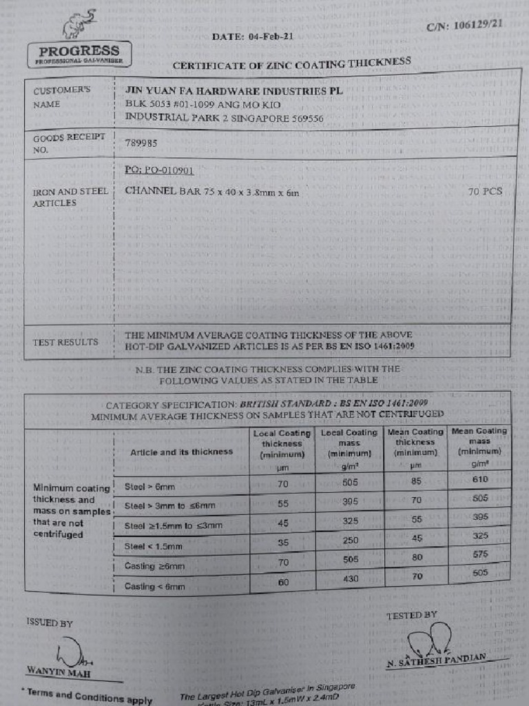 Galvanized Cert | PDF