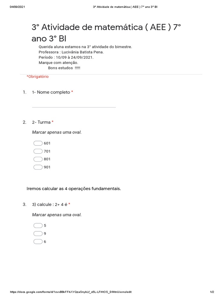 3° Atividade de Matemática (AEE) 7° Ano - Formulários Google | PDF