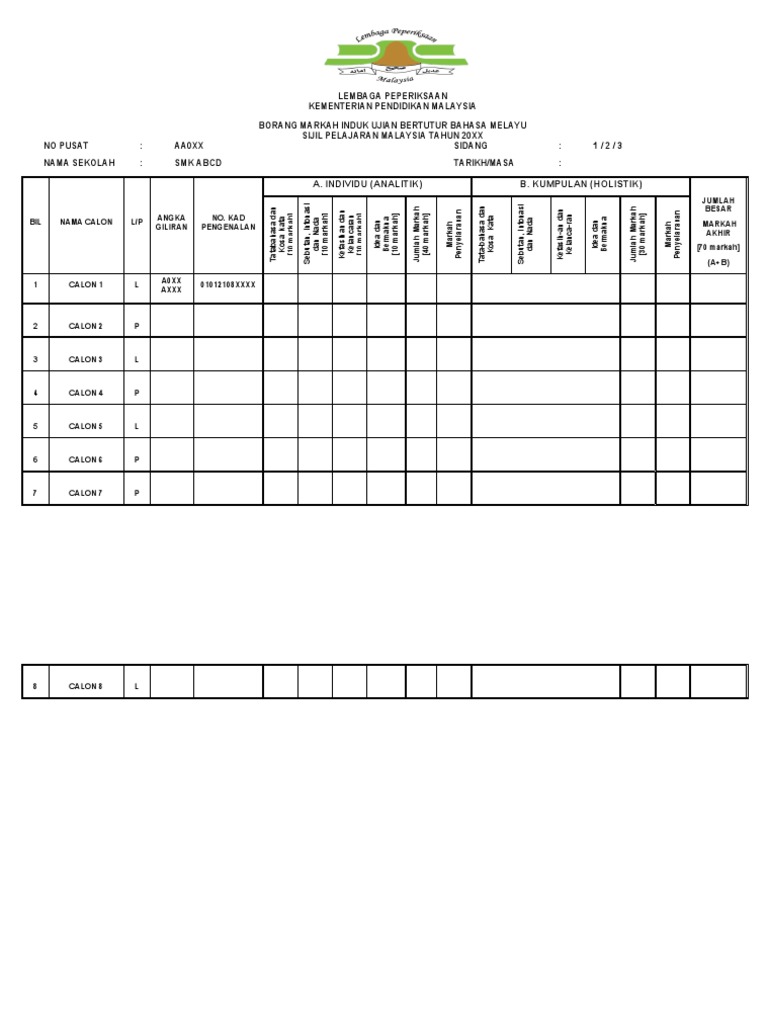 Borang Markah Ujian Bertutur 1103.3 BM Keertas 3 | PDF