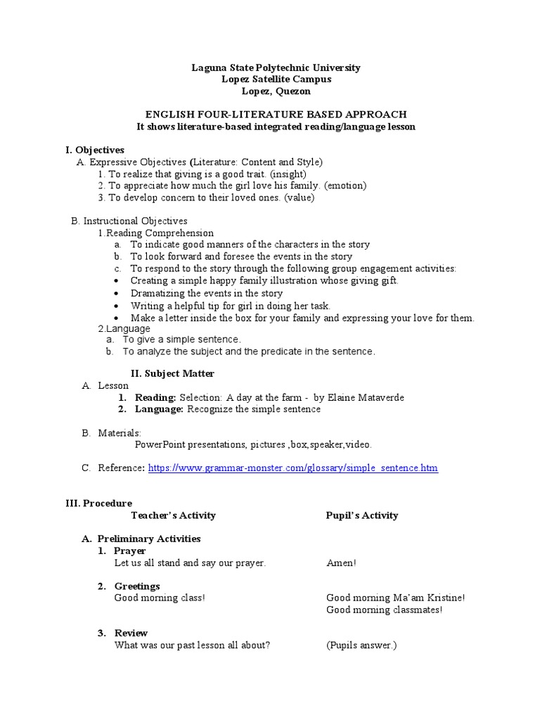 Literature-Based English Lesson Plan | PDF | Subject (Grammar) | Human ...