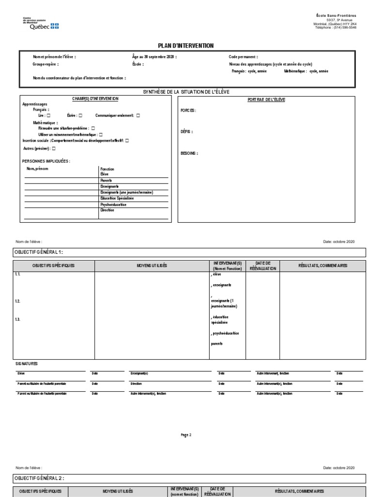 Plan D'intervention (Canevas) | PDF