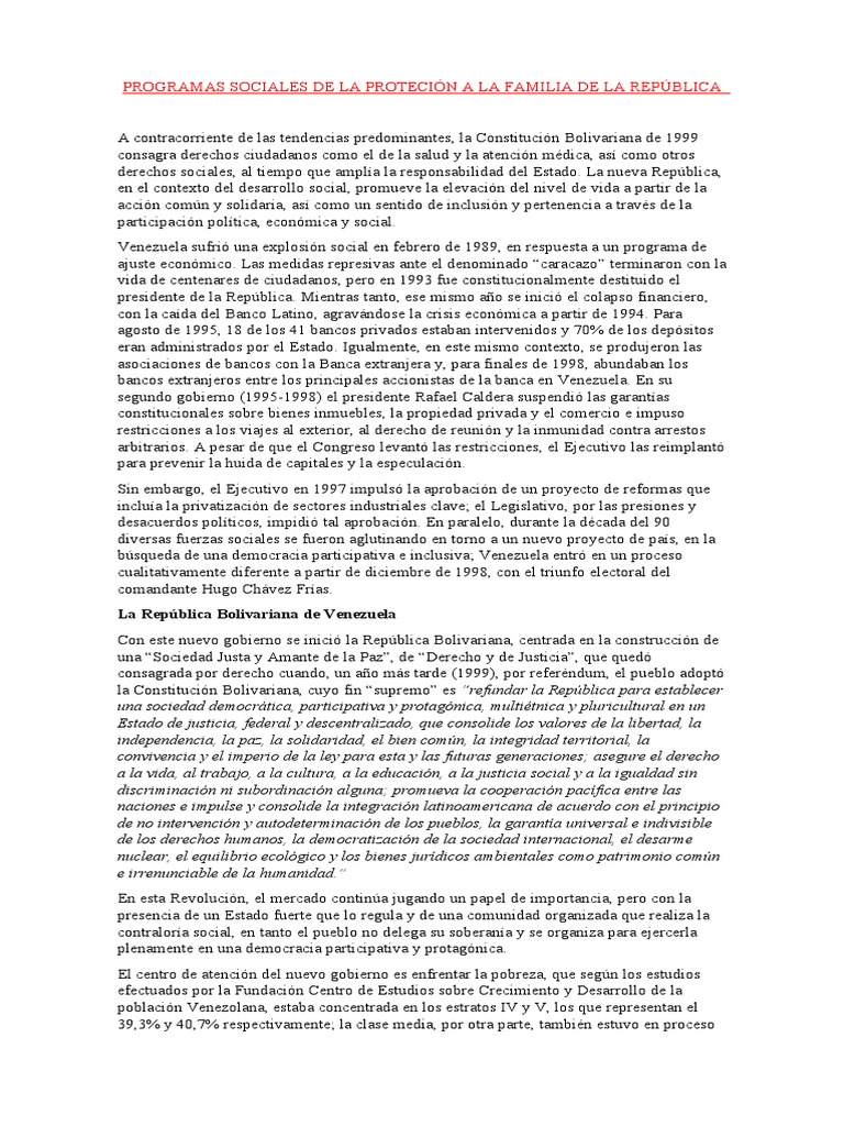Programas Sociales de La Proteción A La Familia de La República | PDF ...