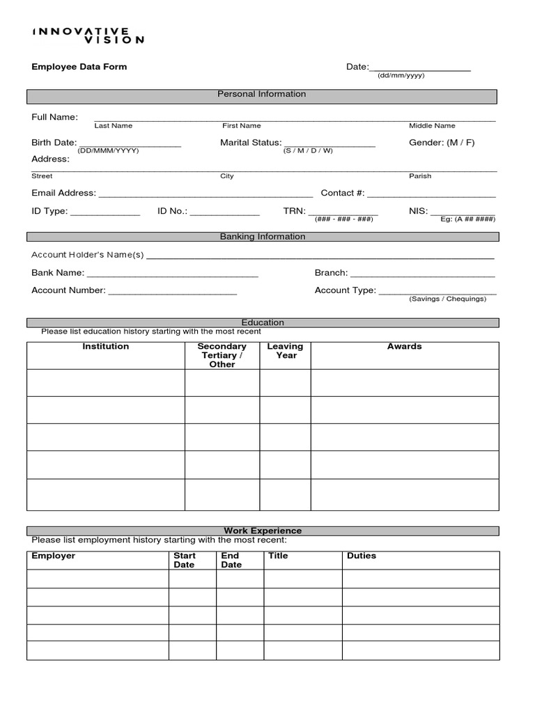 Employee Data (Application) Form | PDF