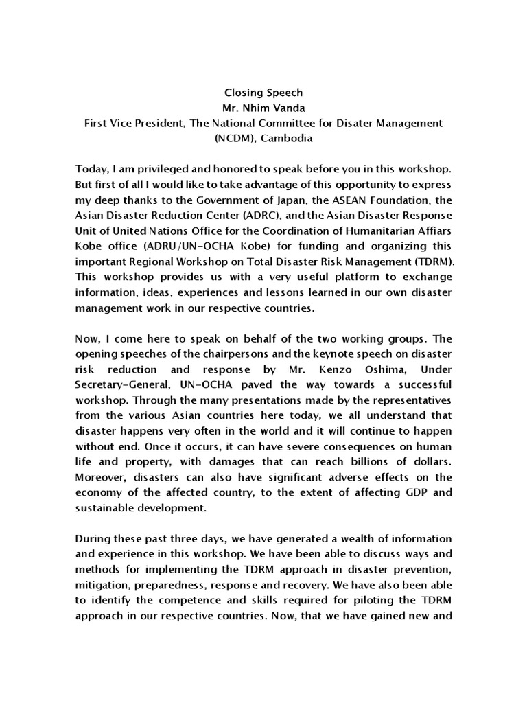 Closing Speeches | PDF | Emergency Management | Disaster Risk Reduction