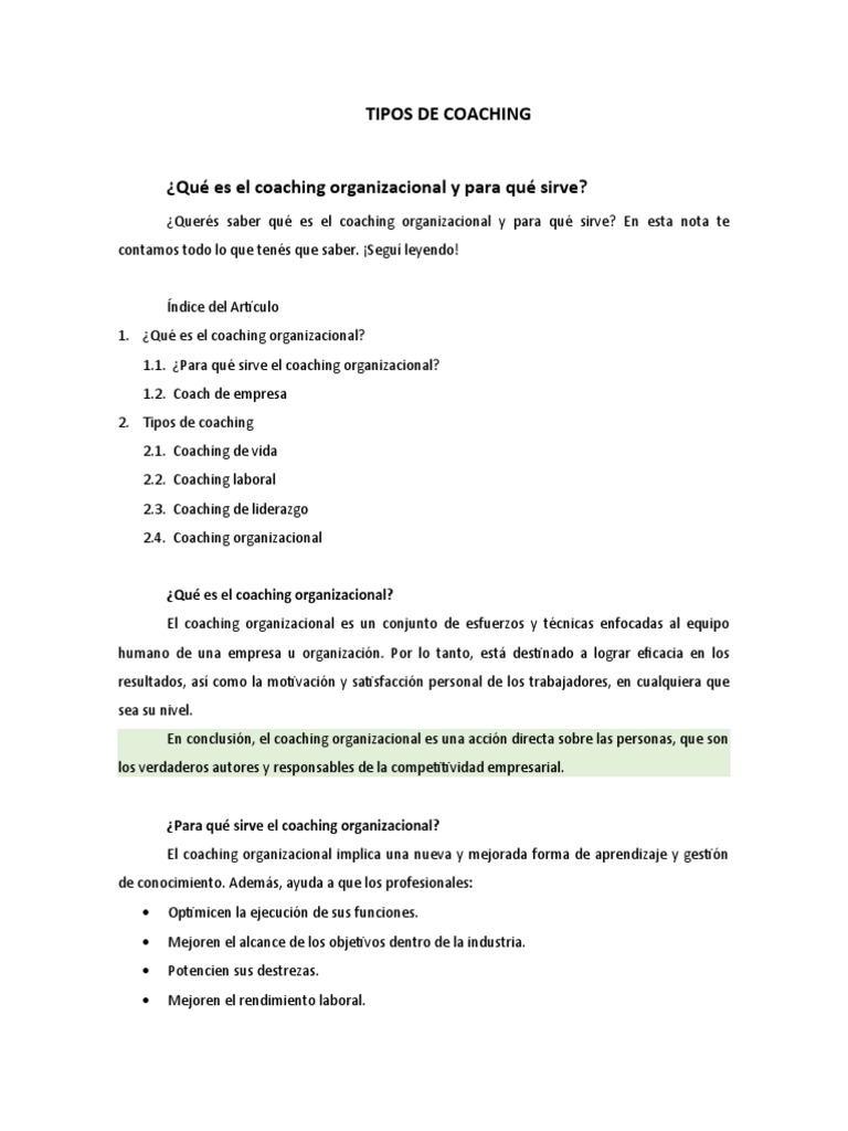 Tipos de Coaching: Guía Completa | PDF | Liderazgo | Las emociones