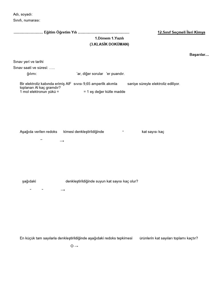 2023-2024 12.sinif Ki̇mya 1.dönem 1.yazili Sorular Ve Cevap Anahtari (3.klasi̇k Doküman) | PDF