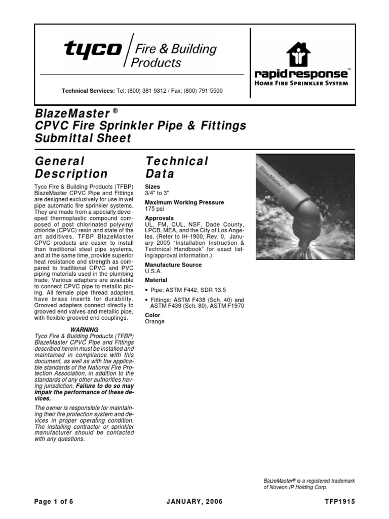Blazemaster CPVC Fire Sprinkler Pipe & Fittings Submittal Sheet ...