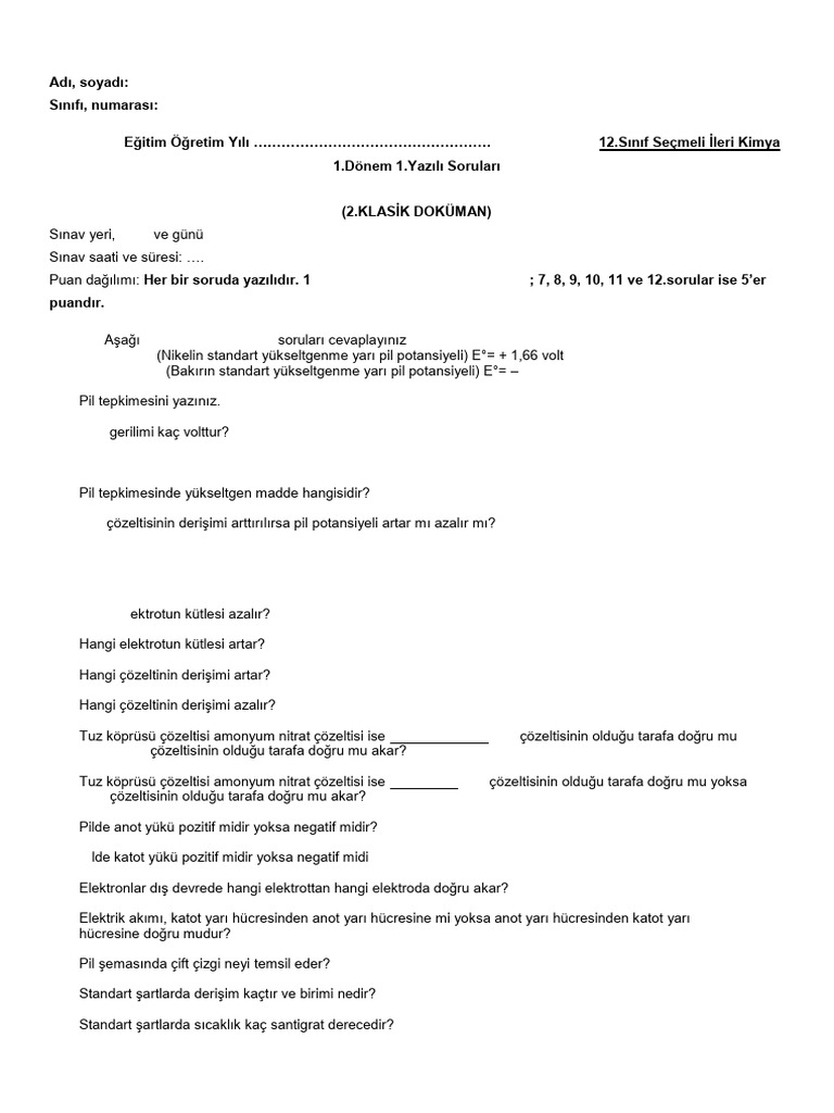 2023-2024 12.sinif Ki̇mya 1.dönem 1.yazili Sorular Ve Cevap Anahtari (Mazeret) (2.klasi̇k ...