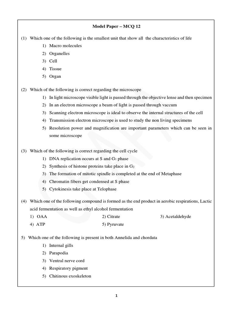 Model Paper 12 MCQ | Descargar gratis PDF | Plasmid | Leaf