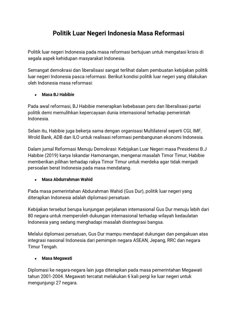 Politik Luar Negeri Indonesia Masa Reformasi | PDF