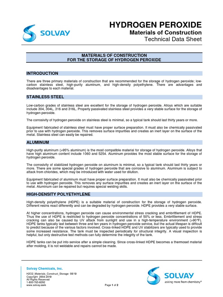 H2O2 Materials of Construction For The Storage of H2O2 | PDF | Stainless Steel | Aluminium