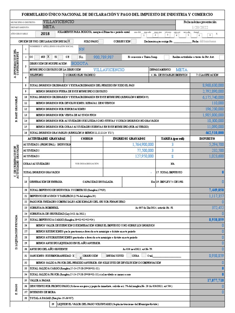 Formulario Unico Ica Nacional - Hoja de Excell Trabajo | PDF | Impuestos | Mercado (economía)