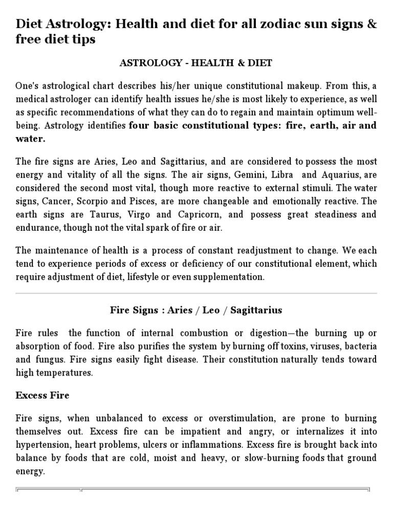 Diet Astrology - Health and Diet For All Zodiac Sun Signs | PDF ...
