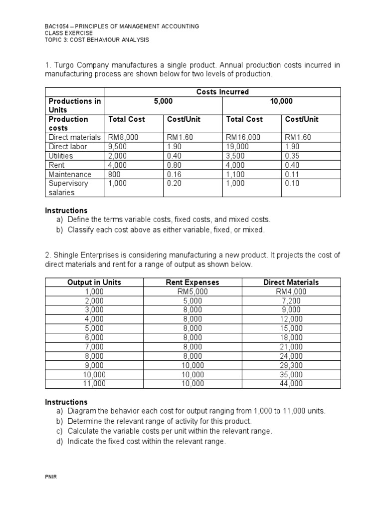 Topic 3 Class Exercise Question | PDF | Expense | Cost