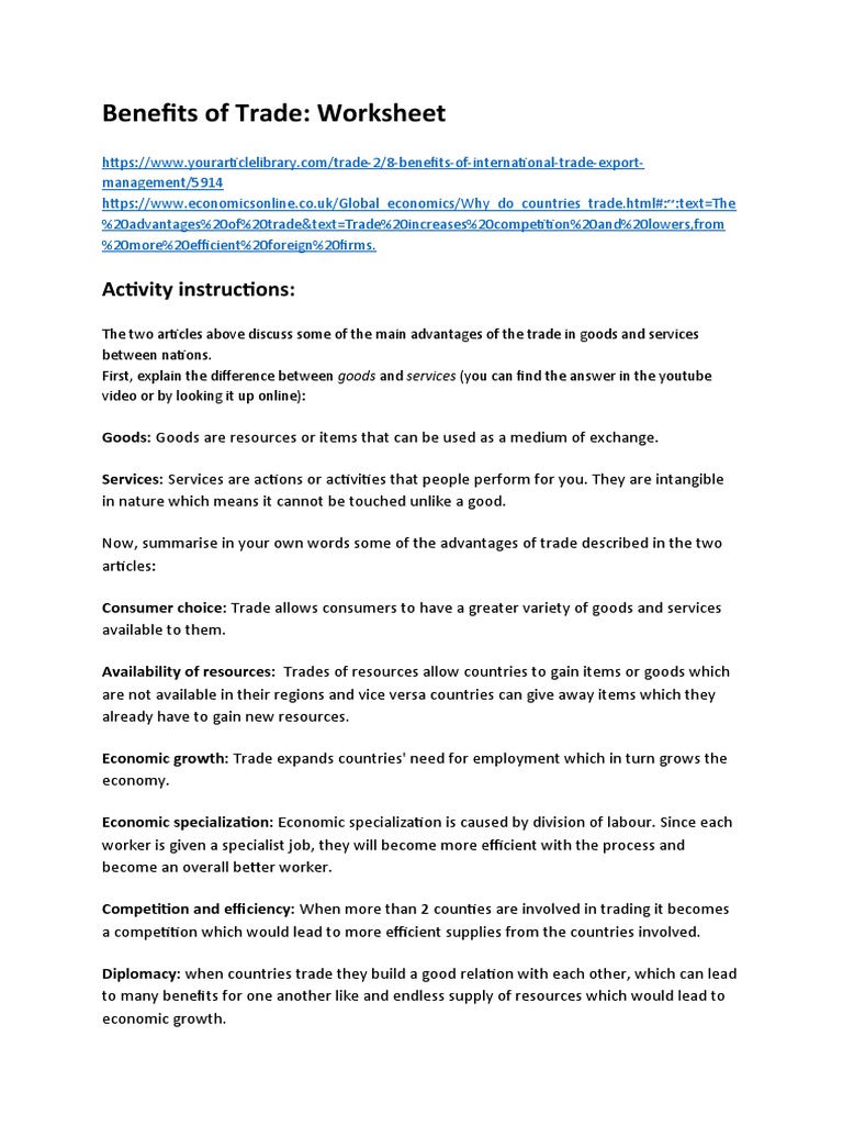 Benefits of Trade - Worksheet | PDF | Goods | Division Of Labour