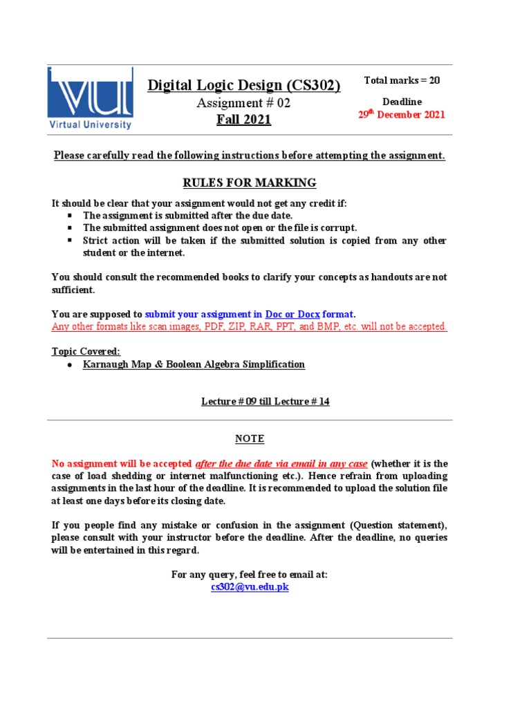 Digital Logic Design (CS302) : Assignment # 02 | PDF | Algebra | Logic