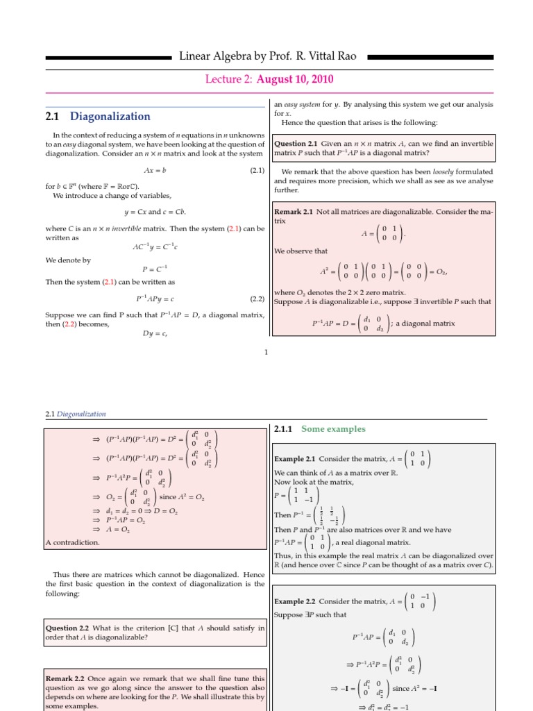 Linear Algebra by Prof. R. Vittal Rao: Diagonalization | PDF | Matrix ...
