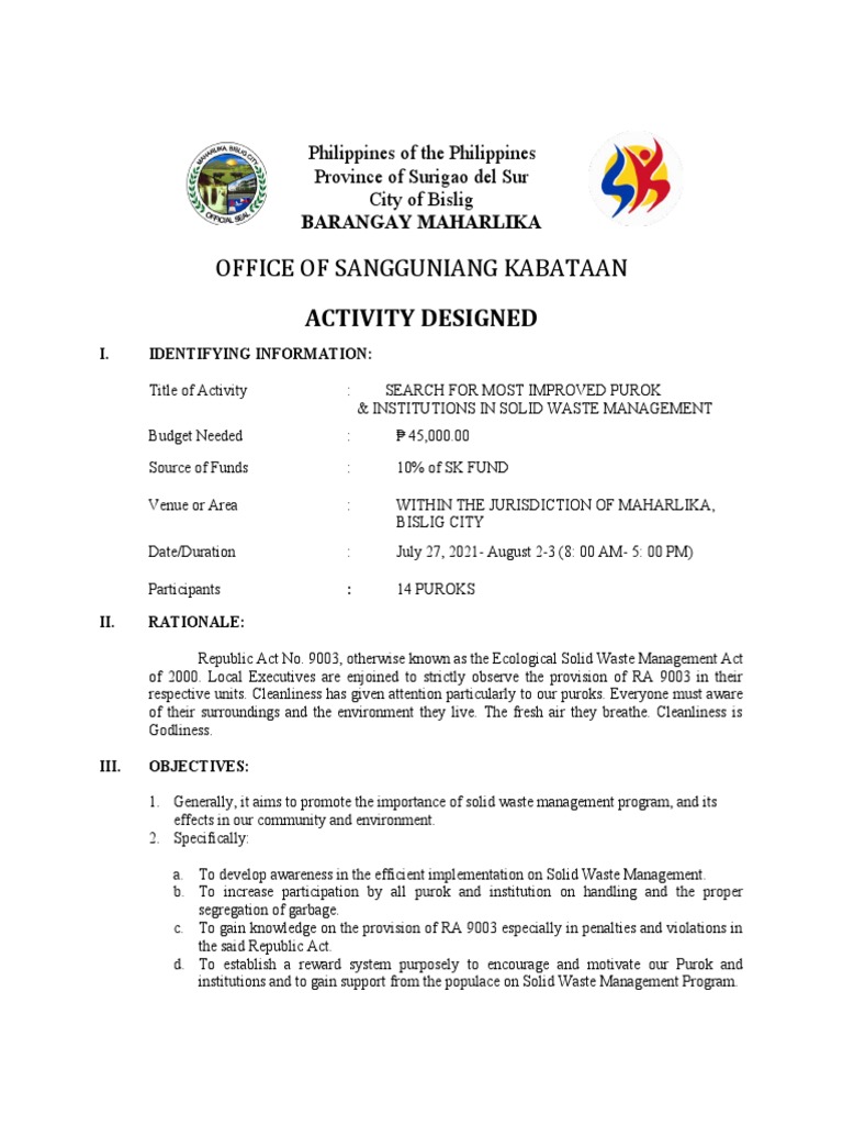 Office of Sangguniang Kabataan: Activity Designed | PDF