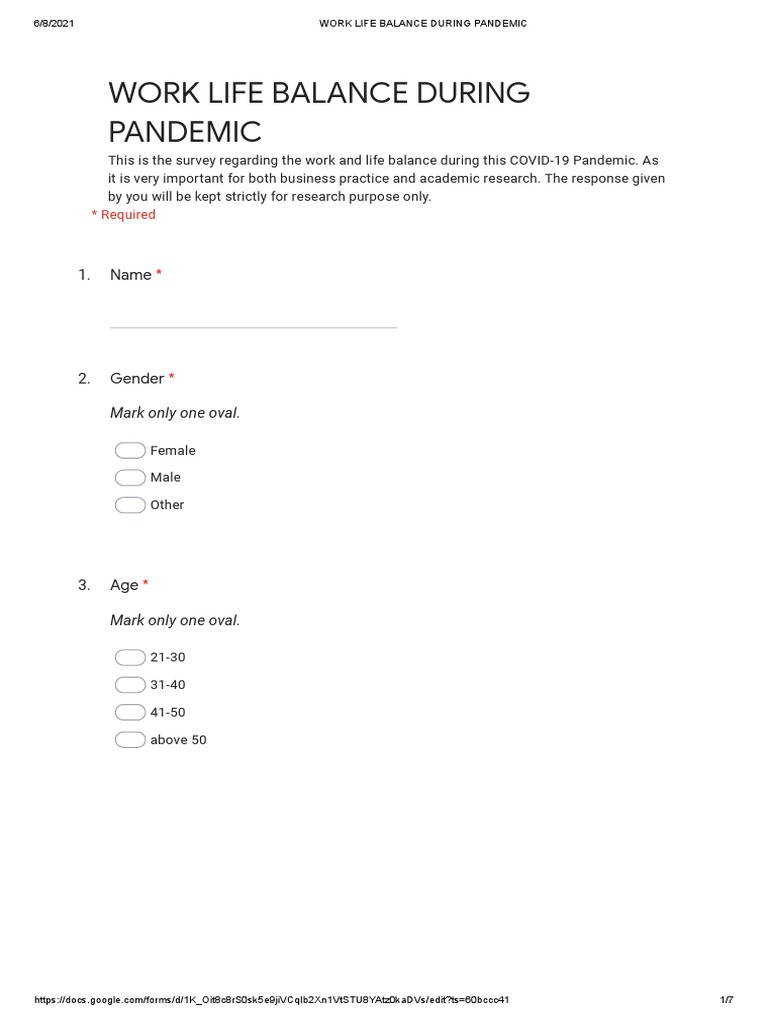 Questionnaire Work-Life Balance During Pandemic | PDF | Hypertension ...