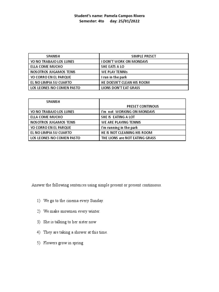 Review Simple Present Continous Present | PDF