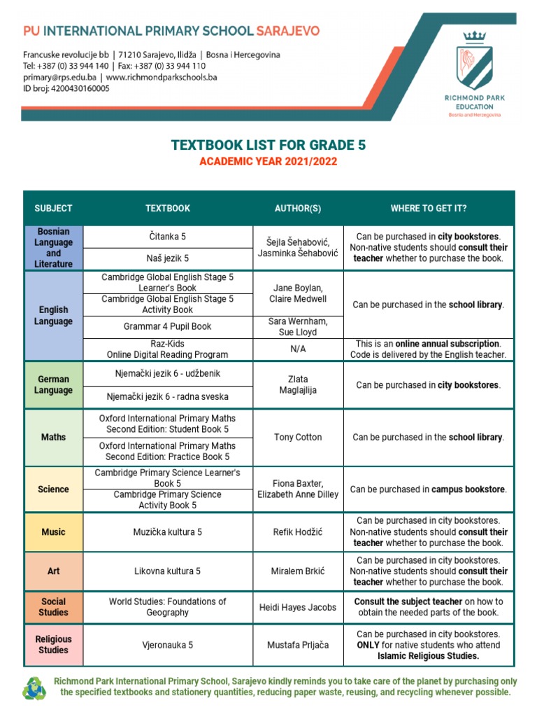 Textbook List For Grade 5: ACADEMIC YEAR 2021/2022 | PDF