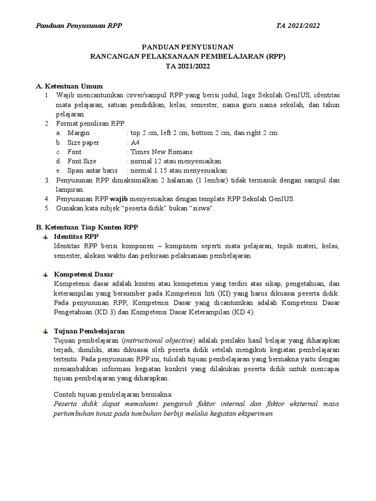 Panduan, Template, Dan Contoh Pembuatan RPP Sekolah GenIUS TA 2021-2022 ...