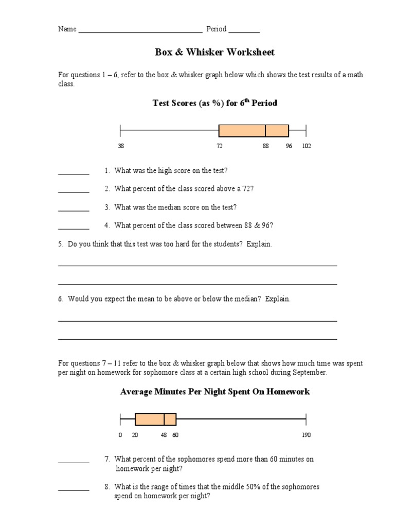 Box & Whisker Worksheet: Test Scores (As %) For 6 Period | PDF ...