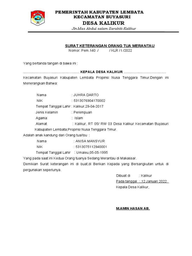 Surat Keterangan Orang Tua Merantau Desa Kalikur | PDF