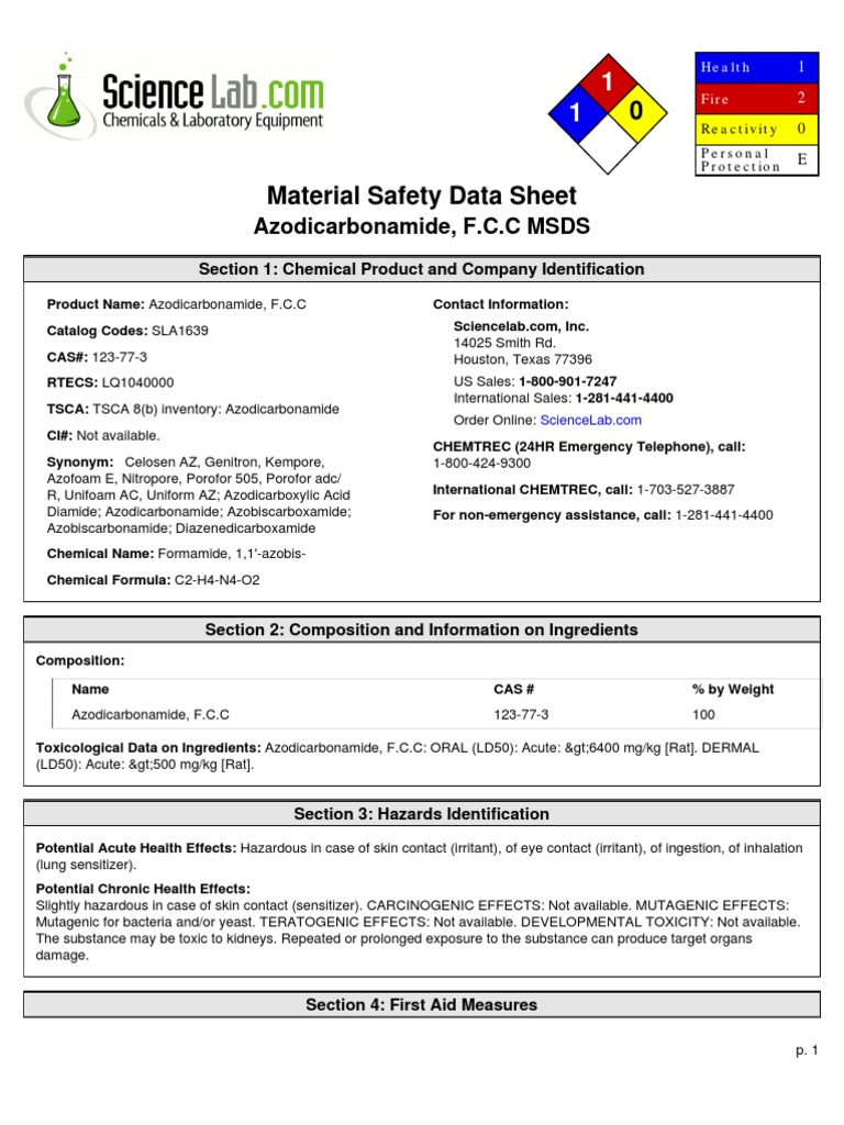 Azodicarbonamide Safety Data Sheet | PDF | Toxicity | Solubility