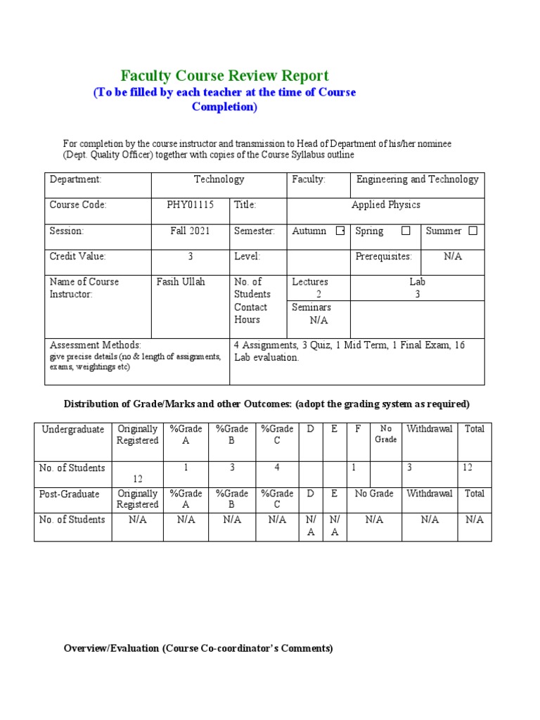Faculty Course Review Report Proforma-Template | PDF | Curriculum ...