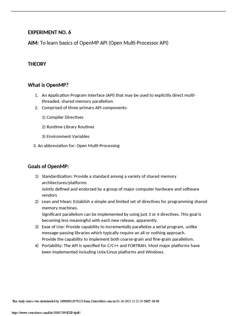 Experiment No. 6 Aim: To Learn Basics of Openmp Api (Open Multi-Processor Api) Theory What Is ...