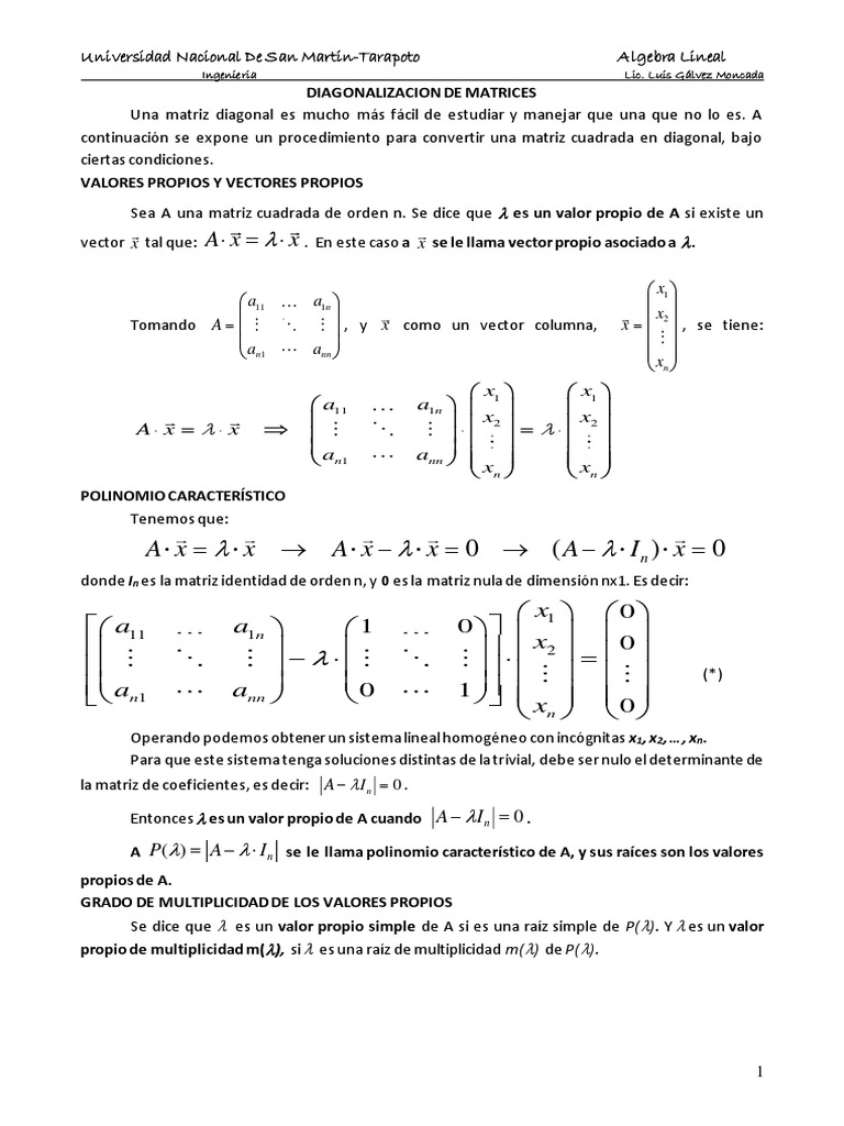 Diagonalización de Matrices y Valores Propios | PDF | Valores propios y vectores propios ...