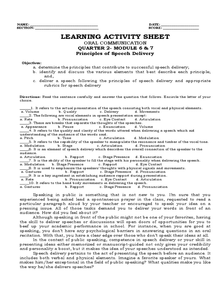 Module 6 7 Oral COM | PDF | Speech | Gesture