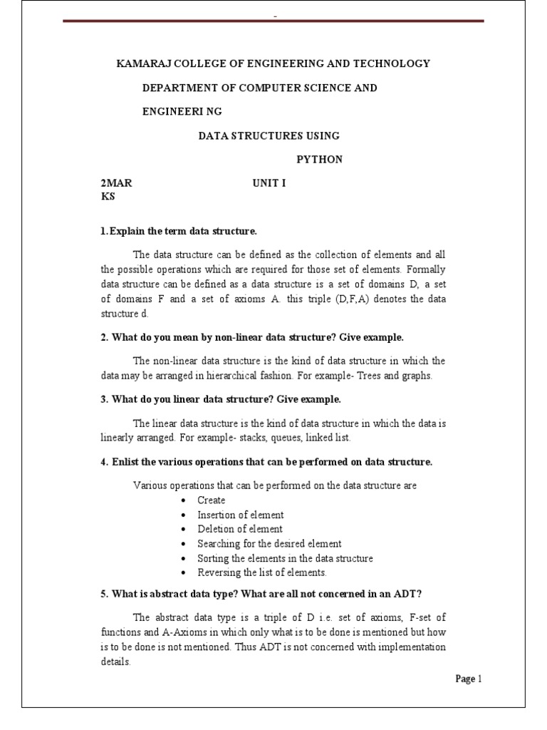2MARKS (Data Structures Using Python) | PDF | Queue (Abstract Data Type) | Array Data Structure