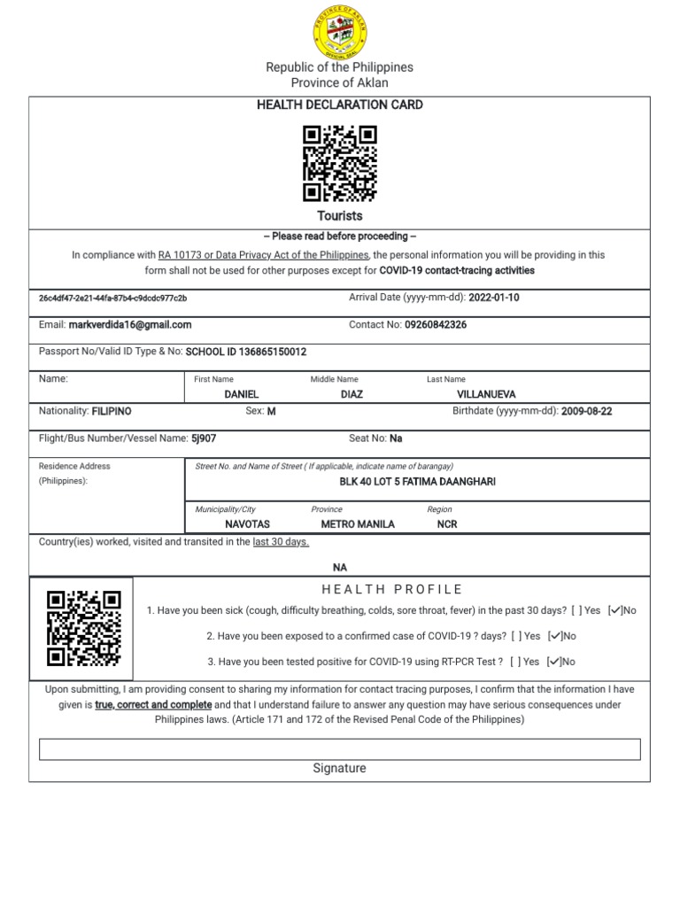 Health Declaration Card: Republic of The Philippines Province of Aklan ...